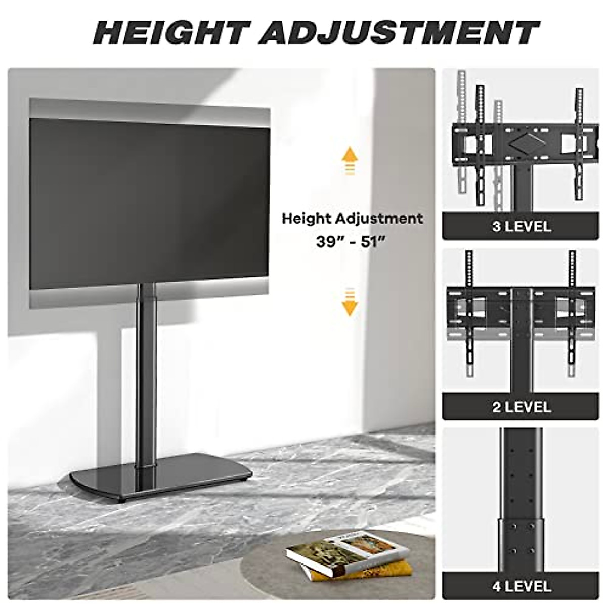 Universal Floor TV Stand with Mount Swivel and Height Adjustable for Most 26 to 65 Inch LCD LED OLED Flat Panel and Curved Screen TVs, Tall TV Stand Space Saving for Corner and Bedroom, Black