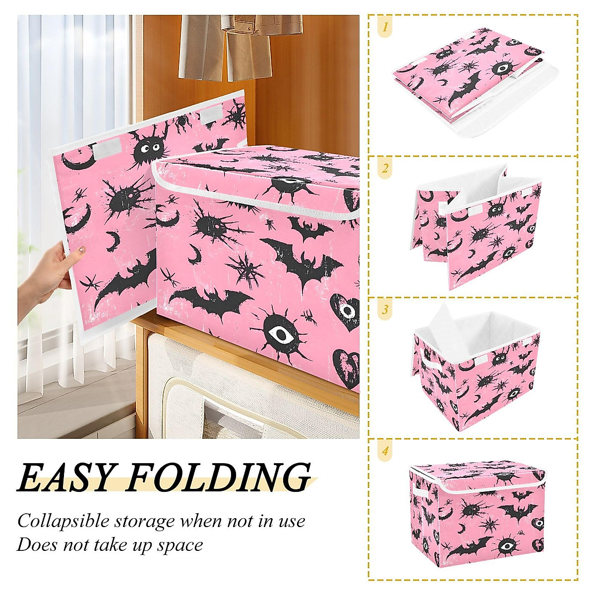 Storage Bins with Lids and Handles,Bat Pink Background Storage Box Storage Basket with Cover Collapsible Organizer Containers for Home Closet, Shelves