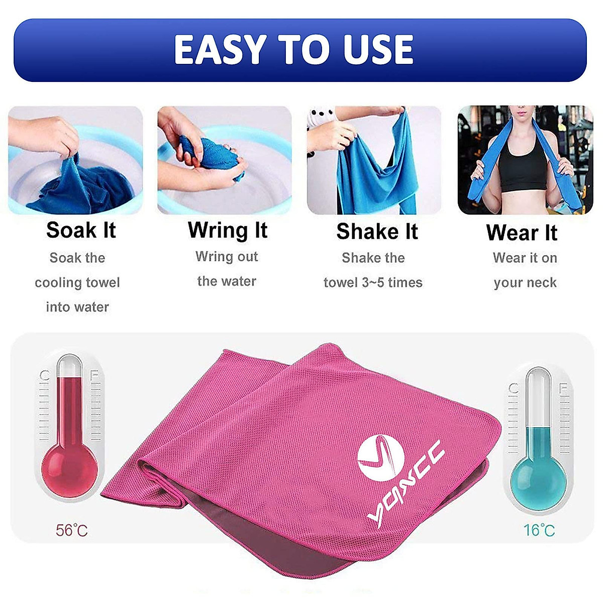 YQXCC 4 Pack Cooling Towels (40"x12") Cool Towel, Cold Towel, Microfiber Soft Breathable Chilly Ice Towel for Sport, Yoga, Golf, Gym, Camping, Running, Fitness, Workout & More Activities