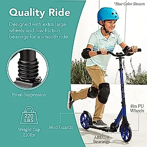 Best Choice Products Kids Height Adjustable Kick Scooter for Ages 8+, Teen, Adult, Outdoor Play w/Carrying Strap, Non-Slip Deck, Kickstand, Mud Guards, 220lb Capacity - Black