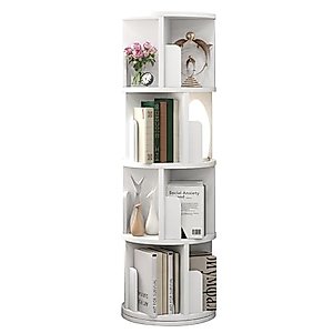 oneinmil 360° Rotating Bookshelf, Small Corner Bookcase with Small Footprint, 4 Tier Standing Bookcase for Kids&Adults, Wood Bookshelf Designed for Living Room, White