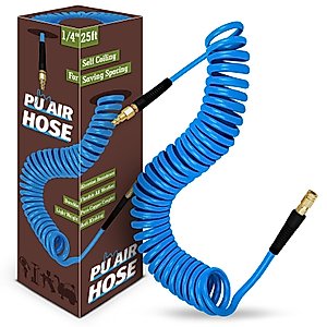 WHISPERING WONDER Polyurethane Recoil Air Hose,1/4 in x 25 ft Air Compressor Hose with Bend Restrictor, Air Hoses with 1/4 Solid Pure Copper Quick Connect Fittings and I/M Plug Kit, Blue