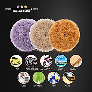 SPTA Wool Buffing Polishing Pads, 3Pcs 6" (150mm) Coarse Medium Cutting Car Wool Polishing Pads, Premium 100% Wool Cutting Pad with Hook and Loop for Car Polisher Car Polishing and Buffing -WPMIXS6