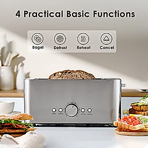 REDMOND Toaster 4 Slice, Stainless Steel Toaster With Bagel, Defrost, Reheat Function, Extra Wide Slots Long Slot Toaster, 6 Bread Shade Settings and Removable Crumb Tray, Silver