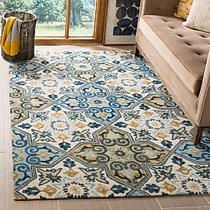 SAFAVIEH Suzani Collection 3' x 5' Ivory/Blue SZN380A Hand-Hooked Boho Premium Wool Area Rug