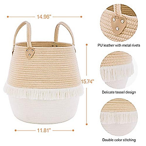 YOUDENOVA Small Laundry Hamper with Handles, Cotton Rope Woven Laundry Basket for Magazine, Clothes, Toys, Blankets, Decorative Cute Tassel Nursery Decor