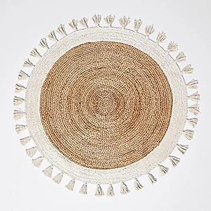 Round Jute Rugs Fringe Round Carpet Palm Hemp Rug Handmade Boho Hippie Natural Area Round Rug Wool Jute Rug Area Rug by Rugs HUT (White, 9x9 Feet)