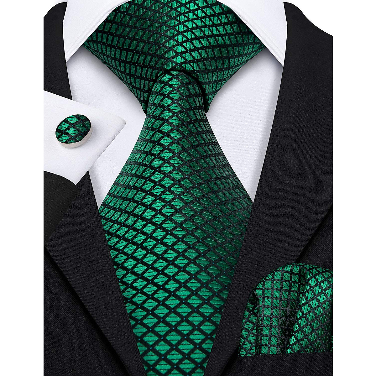 Barry.Wang Mens Ties Silk Tie Pocket Square Cufflinks Set Woven Designer Emerald Green