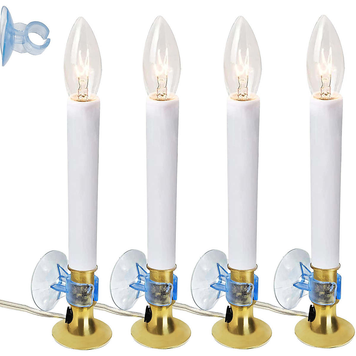 4E's Novelty 4 Pack Dusk to Dawn Electric Candles for Windows with Auto Sensor, and Plug in, Flameless Candles with Suction Cup Holder & Extra Bulb, Christmas Window Candles Bulk