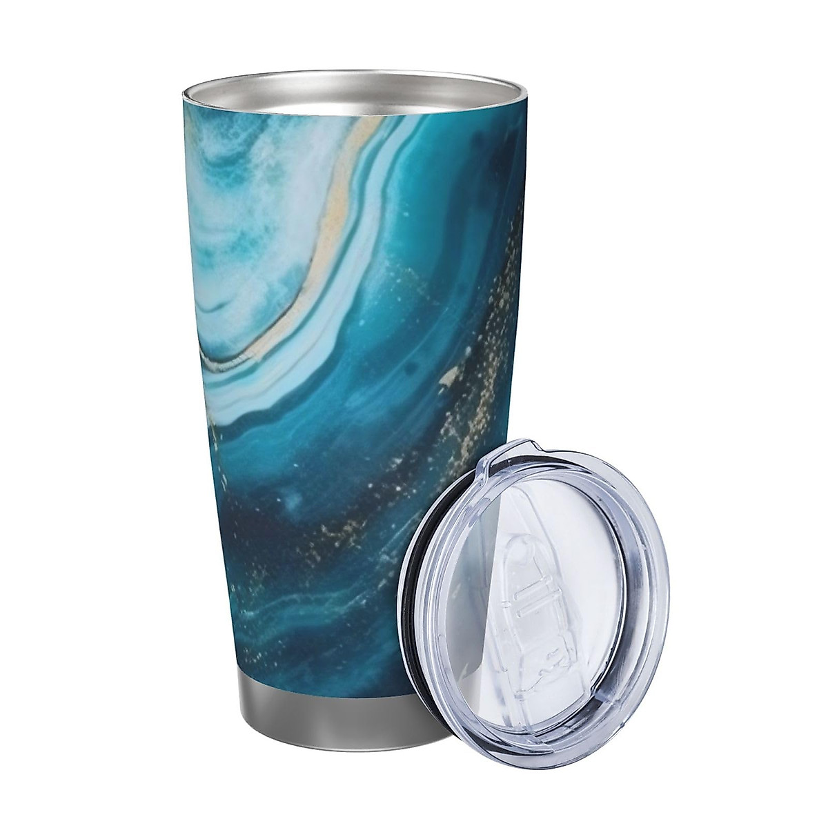 EKPRAVDKTF Stone Blue Gold Marble 20oz Insulated Stainless Steel Tumbler With Lids And Straws, Double Wall Vacuum Travel Coffee Mug, Thermal Cup For Cold & Hot Drinks, Reusable Metal Straw & Brush