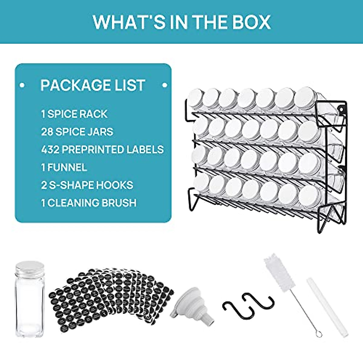 Vtopmart Spice Rack Organizer for Cabinet, 4-Tier Spice Organizer with 28 Empty Spice Jars and 432 Spice Labels, Seasoning Organizer for Countertop, Cabinet, Kitchen, Pantry, Cupboard
