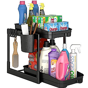 GKTG Under Sink Pull Out Organizer and Storage, 2 Tier Sliding Under Bathroom Cabinet Basket Organizer with Hooks, Hanging Cup, Multi-purpose Undersink Shelf Kitchen Storage Rack, Adjustable Height