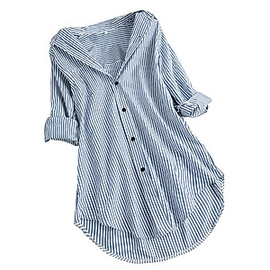 SHOPESSA Women's Striped Tunic Button Shirts Long Sleeve V Neck Plus Size High Low Blouses for Women Wear to Work Sky Blue