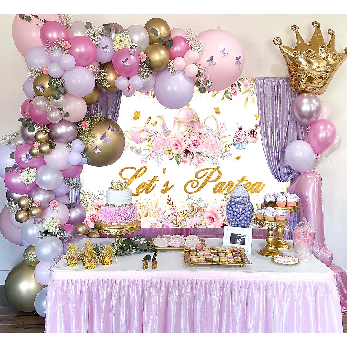 Avezano Tea Party Backdrop Floral Butterfly Glitter Let's Partea Banner Afternoon Tea Baby Shower Birthday Party Decorations 70.8 x 43.3 Inch (Pink)