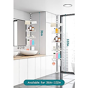 XLHOMO 36 to 122 Inch Corner Shower Caddy Tension Pole, Rustproof Drill-Free Shower Shelves for Bathroom, Shower Organizer with 4 Tier Adjustable Shelves Towel Bars