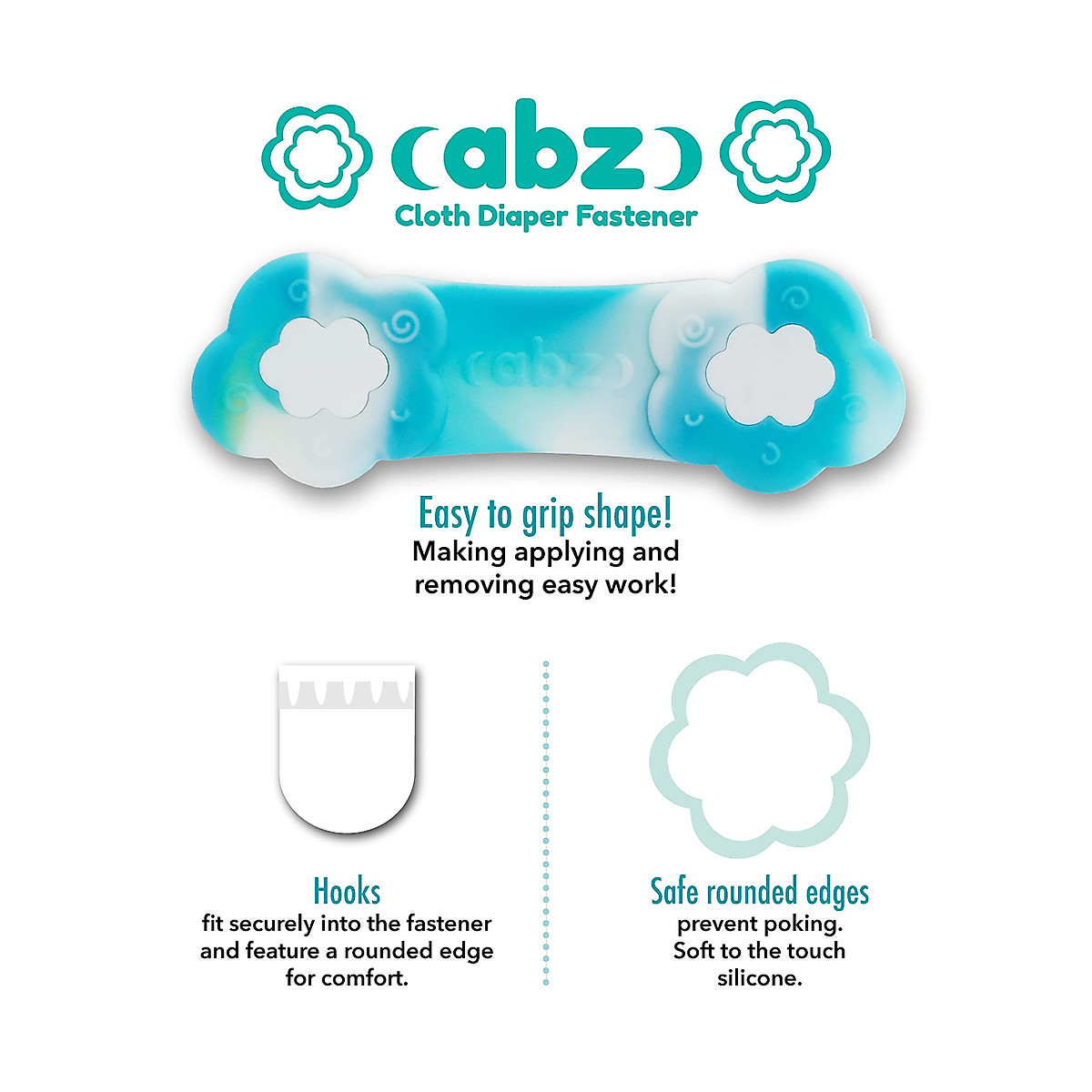 ABZ Pin Free Cloth Diaper Fasteners for Prefolds, Pre-Flats or Flat Diapers - 4 Pack - Arctic