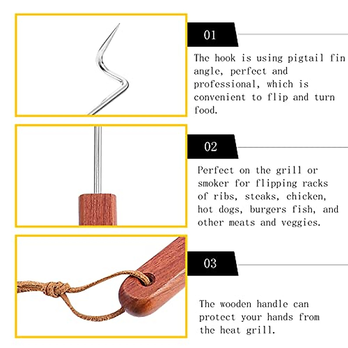 DOITOOL Food Flipper Turning Hook Stainless Steel BBQ Meat Turner Hook Food Flipper Meat Hook for Grilling, Flipping and Turning Vegetables and Meats, BBQ Grill and Smoker Accessories