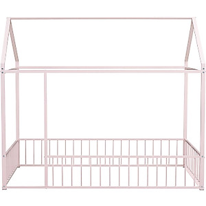 INDSUMOT Twin Size Montessori Floor Bed, Metal House Bed Frame with Fence Rails, Kids Playhouse Beds for Girls Boys Teens, Pink