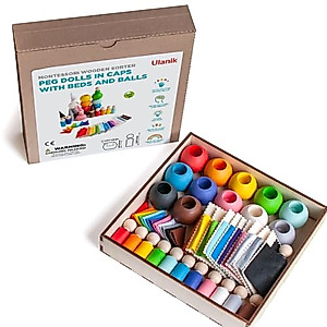 Ulanik Peg Dolls in Balls with Hats & Beds Toddler Montessori Toys for 3 Year Old + Wooden Waldorf Dolls for Learning Color Sorting & Counting — 12 Gnomes, 2 in
