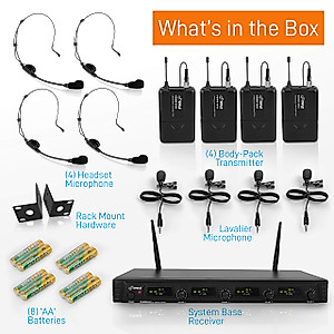Pyle 4 Channel UHF Wireless Microphone System & Rack Mountable Base 4 Headsets, 4 Belt Packs, 4 Lavelier/Lapel MIC With Independent Volume Controls AF & RF Signal Indicators (PDWM4560),Black