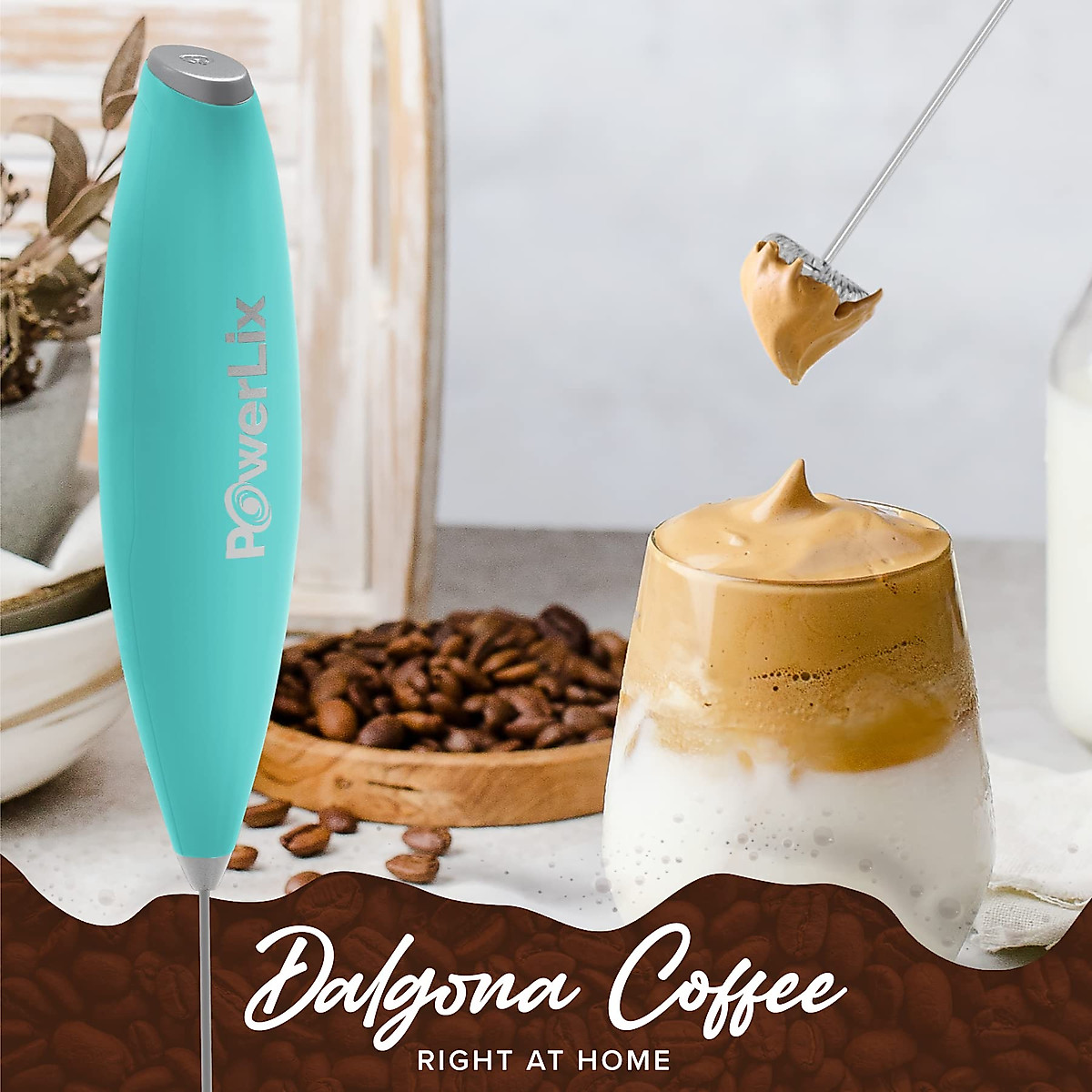 PowerLix Milk Frother No Stand Handheld Battery Operated Electric Foam Maker For Coffee, Latte, Cappuccino, Hot Chocolate, Durable Mini Drink Mixer With Stainless Steel Whisk (Aqua)