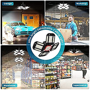 Rafow 200W LED Garage Lights 2 Pack - 20000LM 6500K Deformable Ceiling Lighting Fixture with 12 Adjustable Panels - E26/E27 Bay Light for Garage, Basement, Shop, Workshop, Warehouse