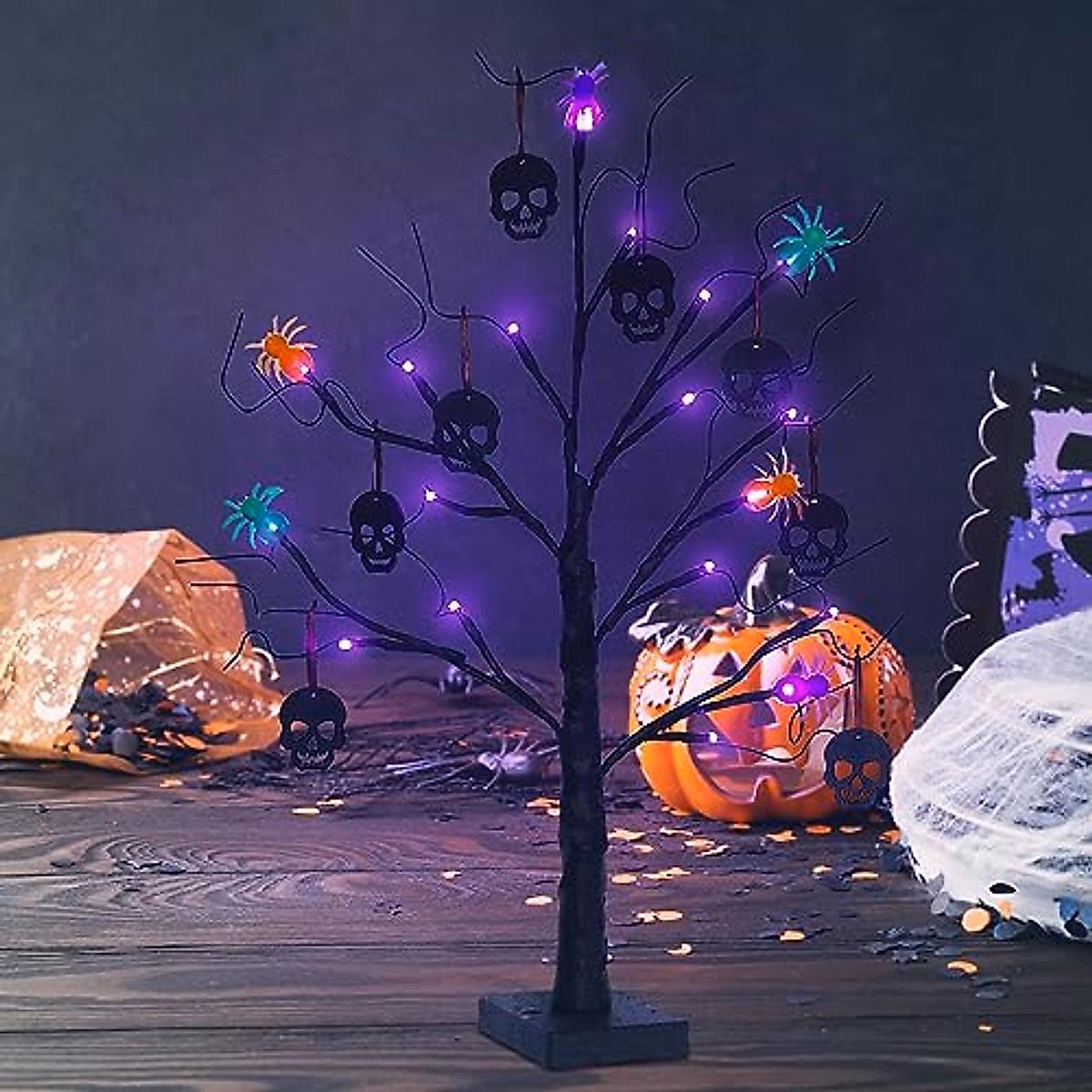 YEAHOME Halloween Decorations Indoor, 24”/2FT Black Scary Halloween Tree with LED Purple Lights, Skeleton Ornaments and Spider Shaped Lampshades, Battery Powered Timer for Home Table Mantel Decor