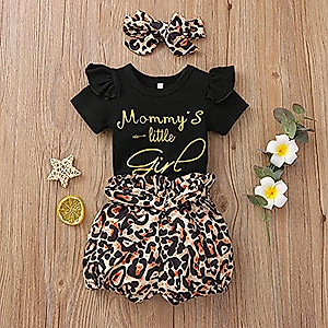 Suranne Newborn Baby Girl Clothes Leopard Outfits Short Sleeve Letter Romper + Short Pants + Headband 3Pcs 0-3 Months