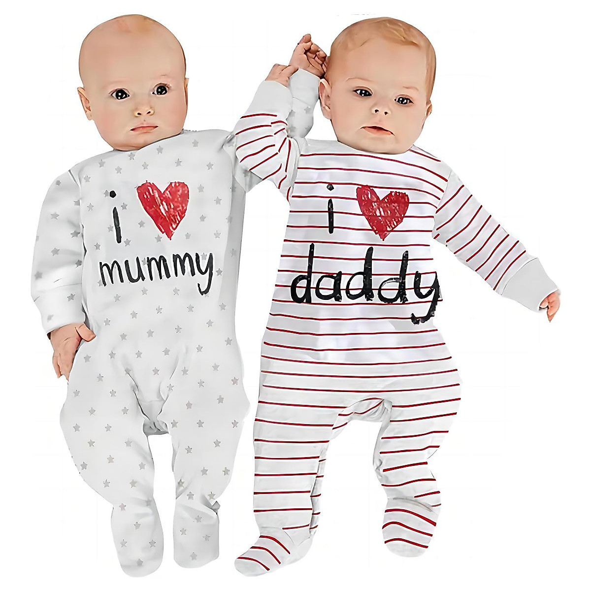 AOMOMO Unisex- Baby Clothes Twins Bodysuits I Love Daddy Mummy Romper Set, Newborn Cotton Footed Pajamas (White, Newborn)