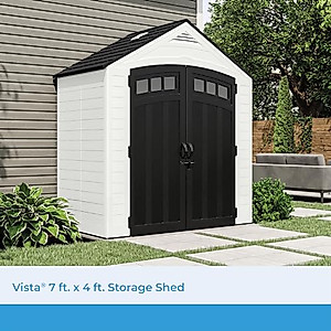 Suncast Vista 7' x 4' Outdoor Storage Shed with Pad-Lockable Double Doors and IllumiVent System, All-Weather Shed for Yard Storage, Brown
