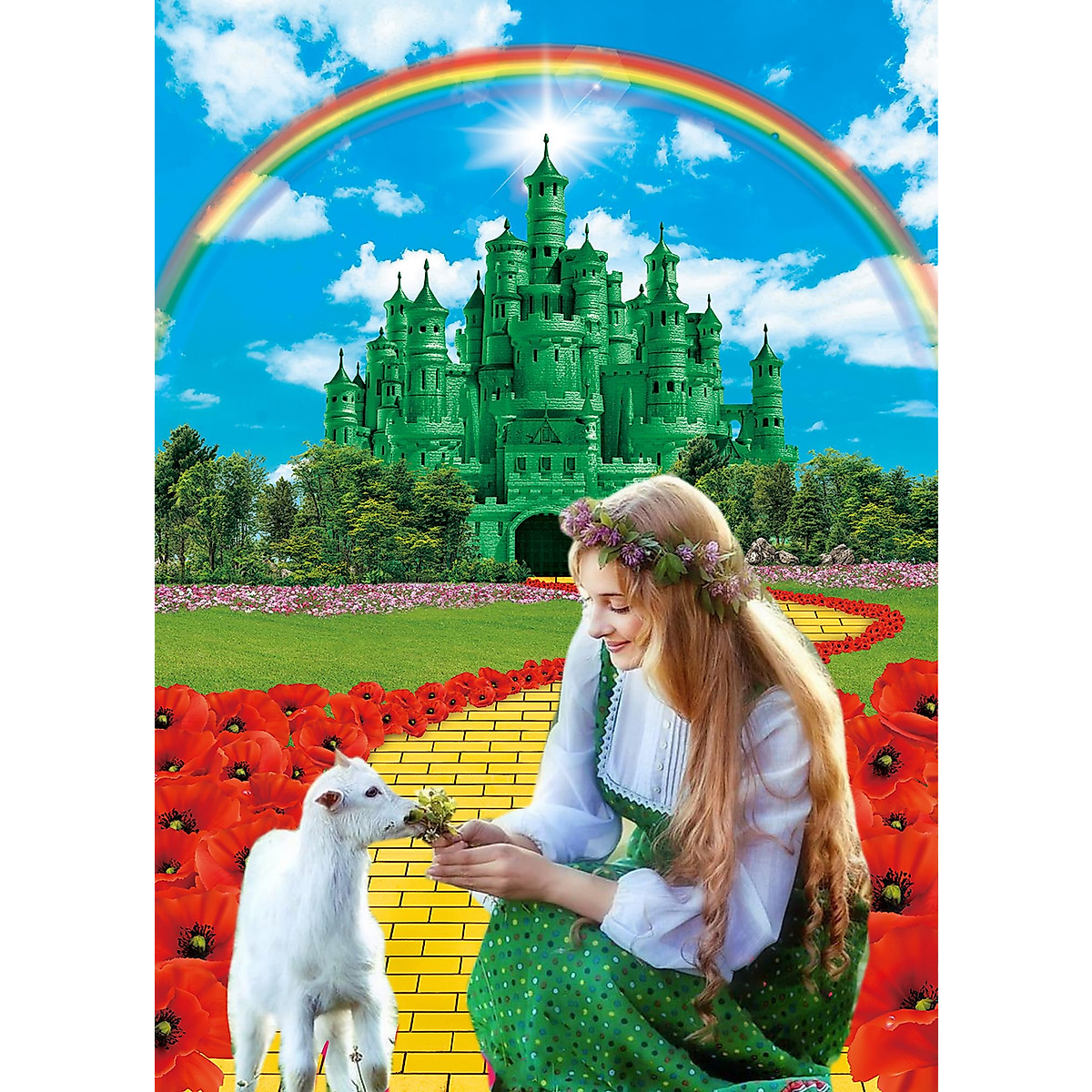 Green Castle Yellow Brick Road Backdrop for Party Decorations 5x7FT Rainbow Floral Castle Gold Brick Road Photography Background Baby Shower Princess Party Decorations Supplies