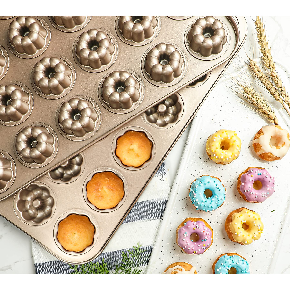 Webake Mini Fluted Tube Cake Pan, 24-Cup Non-stick Bite Size Bundtinis Petite Fluted Cake Mold Heavy Gauge Carbon Steel Baking Tray Set of 2