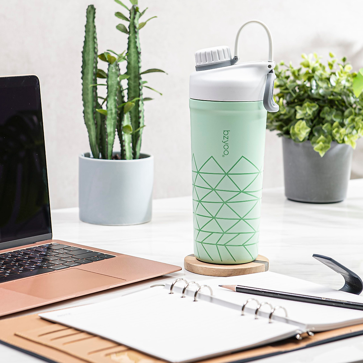 bzyoo 26oz Double-Walled Stainless Steel Insulated Tumbler with Straw Leak Proof Ideal for Smoothies, Ice Tea or Coffee Includes Mixer Ball BPA Free - Spidy Green