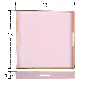 MAONAME Decorative Tray, Pink Serving Tray with Handles, Coffee Table Tray, Square Plastic Tray for Ottoman, Bathroom, Kitchen, 13"x13"x1.57"