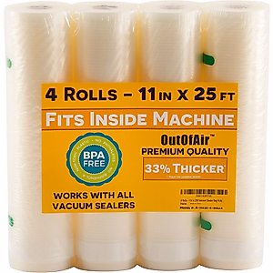 11" x 25' Rolls (Fits Inside Machine) - 4 Pack (100 feet total) OutOfAir Vacuum Sealer Rolls. Works with FoodSaver Vacuum Sealers. 33% Thicker, BPA Free, Sous Vide, Commercial Grade