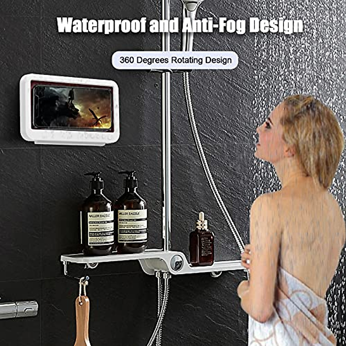 Enlanda Shower Phone Holder Waterproof Anti-Fog Touch Screen 360° Rotation Wall Mount Phone Holder Phone Case No Drilling Design for Shower Bathroom Mirror Bathtub (White)