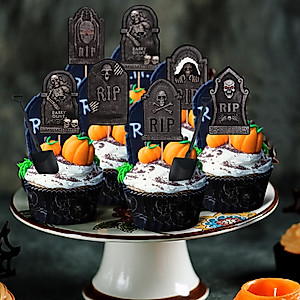 48 Pcs Halloween Cupcake Toppers - Tombstones Graveyard Cake Topper, Halloween Cake Decorations with Mini Shovel Spoons, 8 Designs Halloween Cupcake Picks for Kids Birthday Halloween Party Decorations
