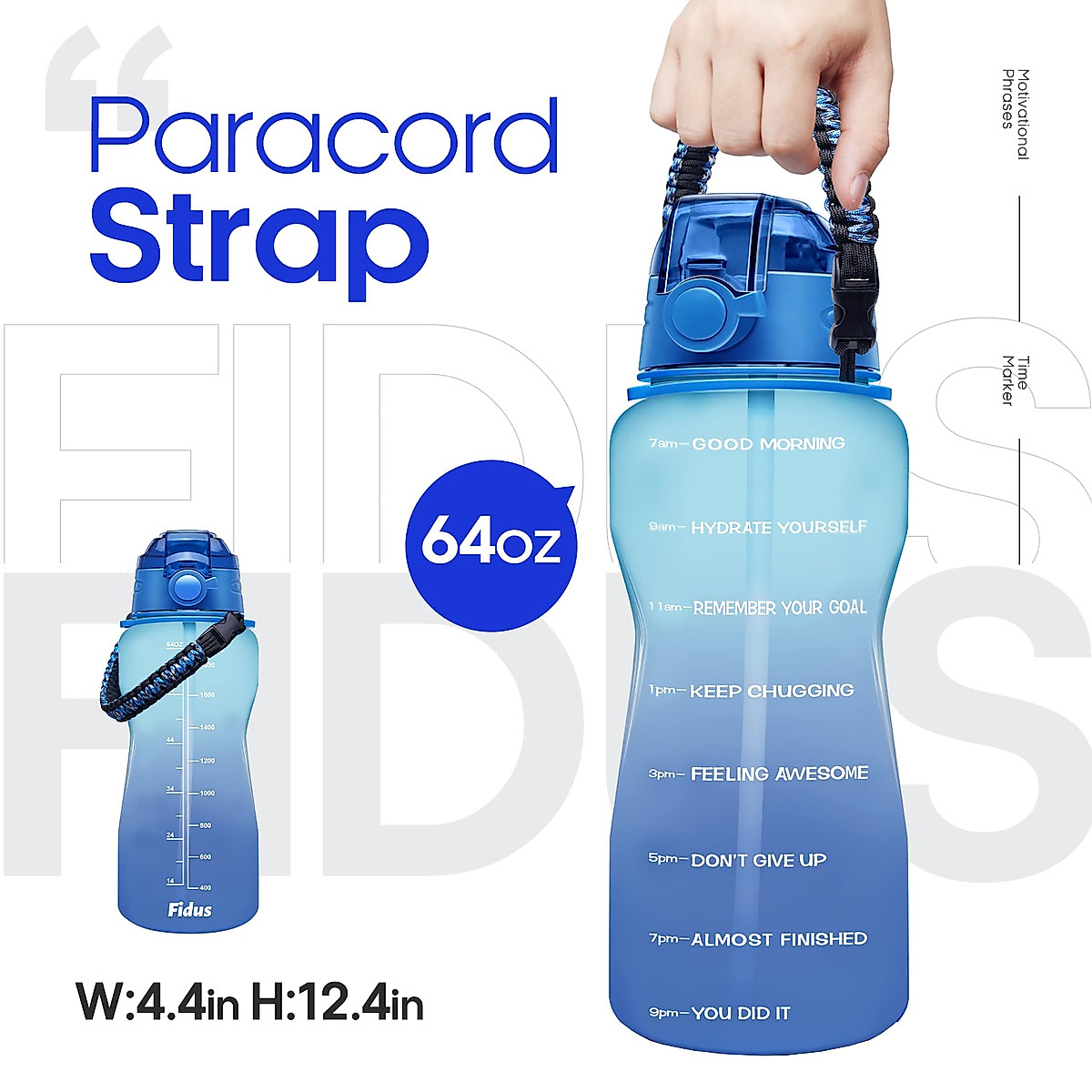 Fidus Large Half Gallon/64OZ Motivational Water Bottle with Paracord Handle & Removable Straw - BPA Free Leakproof Water Jug with Time Marker to Ensure You Drink Enough Water Daily