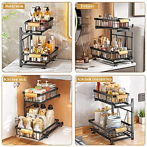 Under Sink Organizer, PXRACK Pull Out Cabinet Organizer 2-Tier Slide-out Sliding Shelf Under Cabinet Storage Multi-purpose for Under Kitchen Bathroom Sink Living Room Organizers and Storage