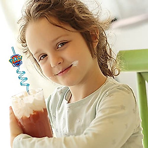 Paw Dog Party Supplies,JOUNYKOL 24Pcs Plastic Drinking Straws 8 Designs Great for Kids Boys Girls Gifts as Theme Party Decorations and Birthday Party Supplies with 2 Cleaning Brushes