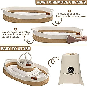 Baby Changing Basket, Moses Diaper Basket w/ foam pad, 2 waterproof covers, blanket, diaper caddy organizer, table/dresser/nursery topper, boho bassinet station woven rope tray, storage (Brown)