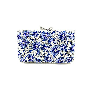 Tngan Women Elegant Floral Evening Bag Hollow Out Rhinestone Crystal Clutch Wedding Party Banquet Bridal Handbag, Blue