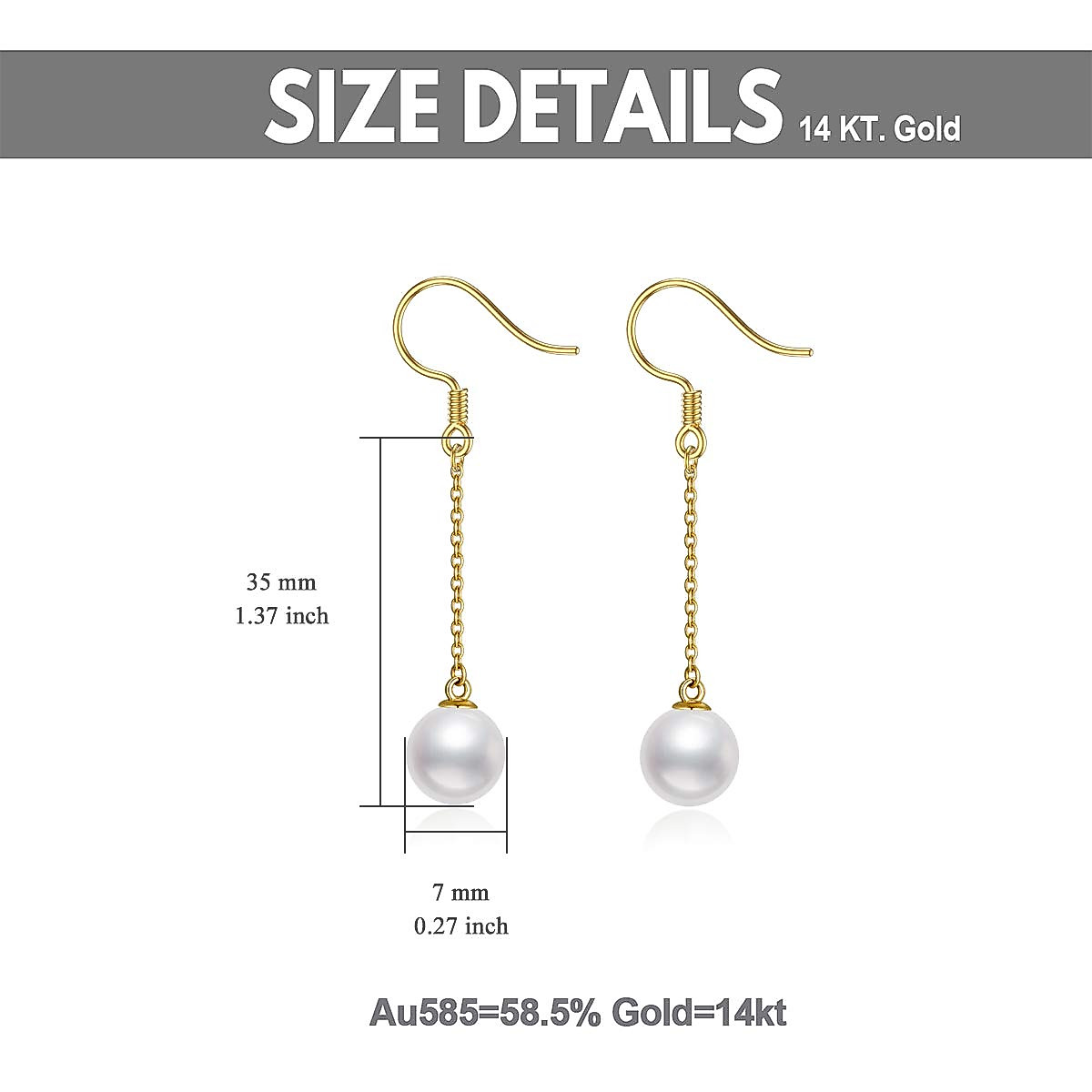 14K Real Gold Drop Pearl Earrings for Women, Yellow Gold 7mm Freshwater Cultured Pearls Threader Dangle Earrings Anniversary Jewelry Gifts for Her, Wife, Mom, Sister