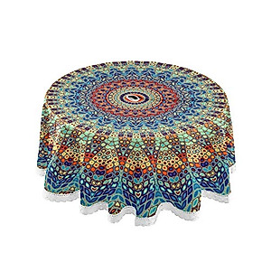 Qilmy Mandala Outdoor Tablecloth 60 Inch Waterproof Round Tablecloth with Umbrella Hole and Zipper for Backyard Party BBQ Decor