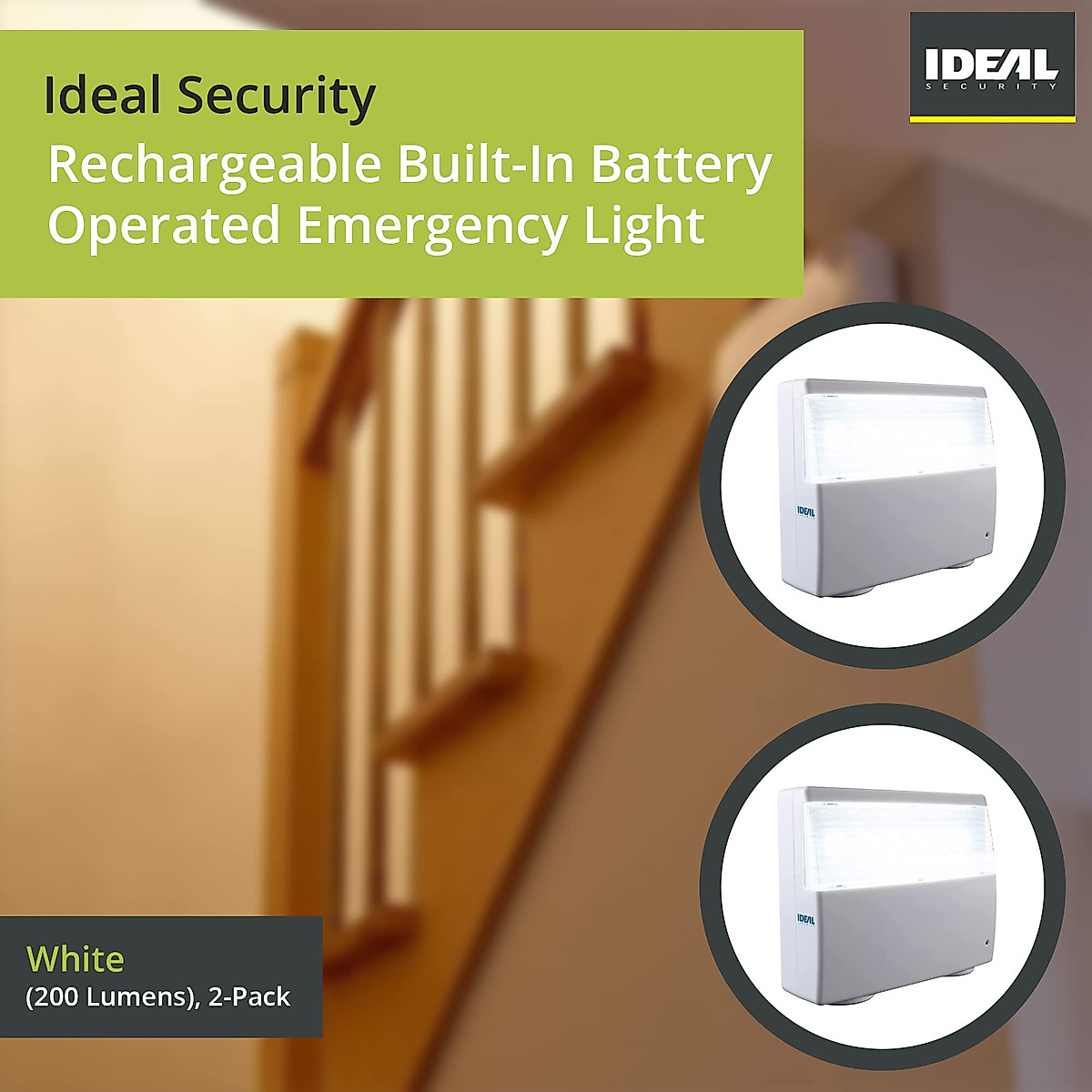 Ideal Security Rechargeable Built-In Battery Operated Emergency Light, White (200 Lumens), Set of 2
