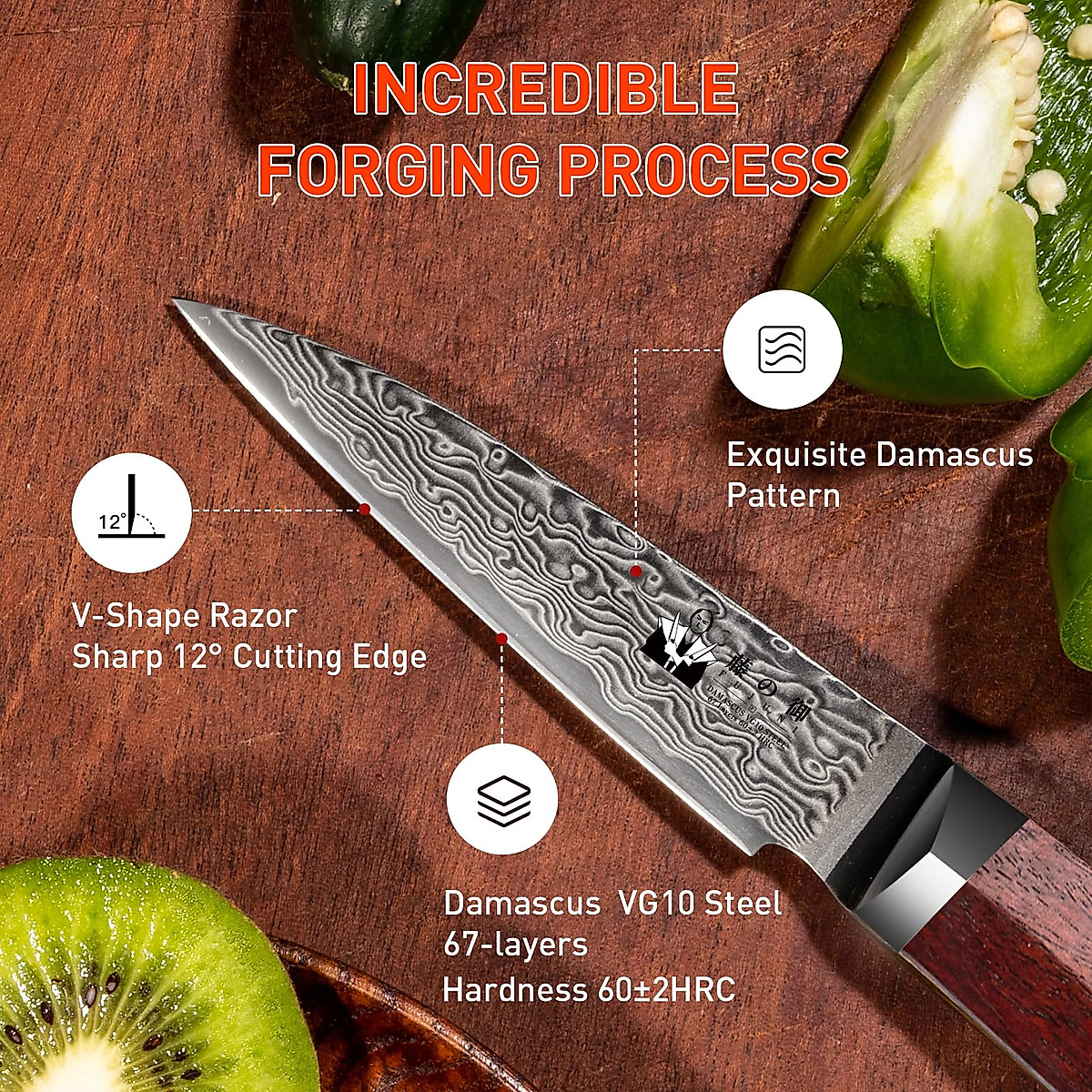 FUJUNI Damascus Paring Knife 3.5-inch Fruit and Vegetable Paring Knife 67-Layer Damascus with VG10 Cutting Core Peeling Knife with Full Tang Ergonomic Natural Wood Handle for Peeling