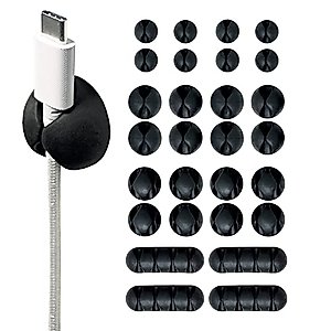Wrap-It Storage Cable Clips - (Assorted 28-Pack) Black - Cord Clips for Desk and Nightstand Cable Holder for Desk Cable Management or Phone Cord Organizer and Bedside Table Cord Organizer