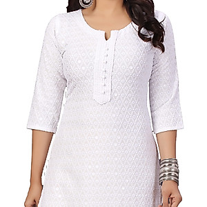 ladyline Rayon Hakoba Chikhan Embroidery & Sequins work Kurti for Womens Tunic Top Indian Kurta (White, Size-46)