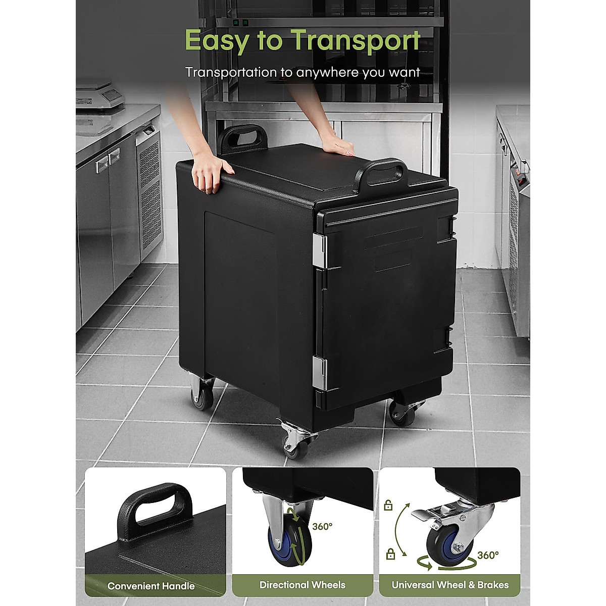 Catering Food Warmer, 82Qt Front Loading Hot Box for Catering, LLDPE Insulated Food Pan Carrier for 5 Full-Size Pan, w/Wheels, Stackable, Handles, Hot Box Food Warmer Ideal for Canteen, Restaurant