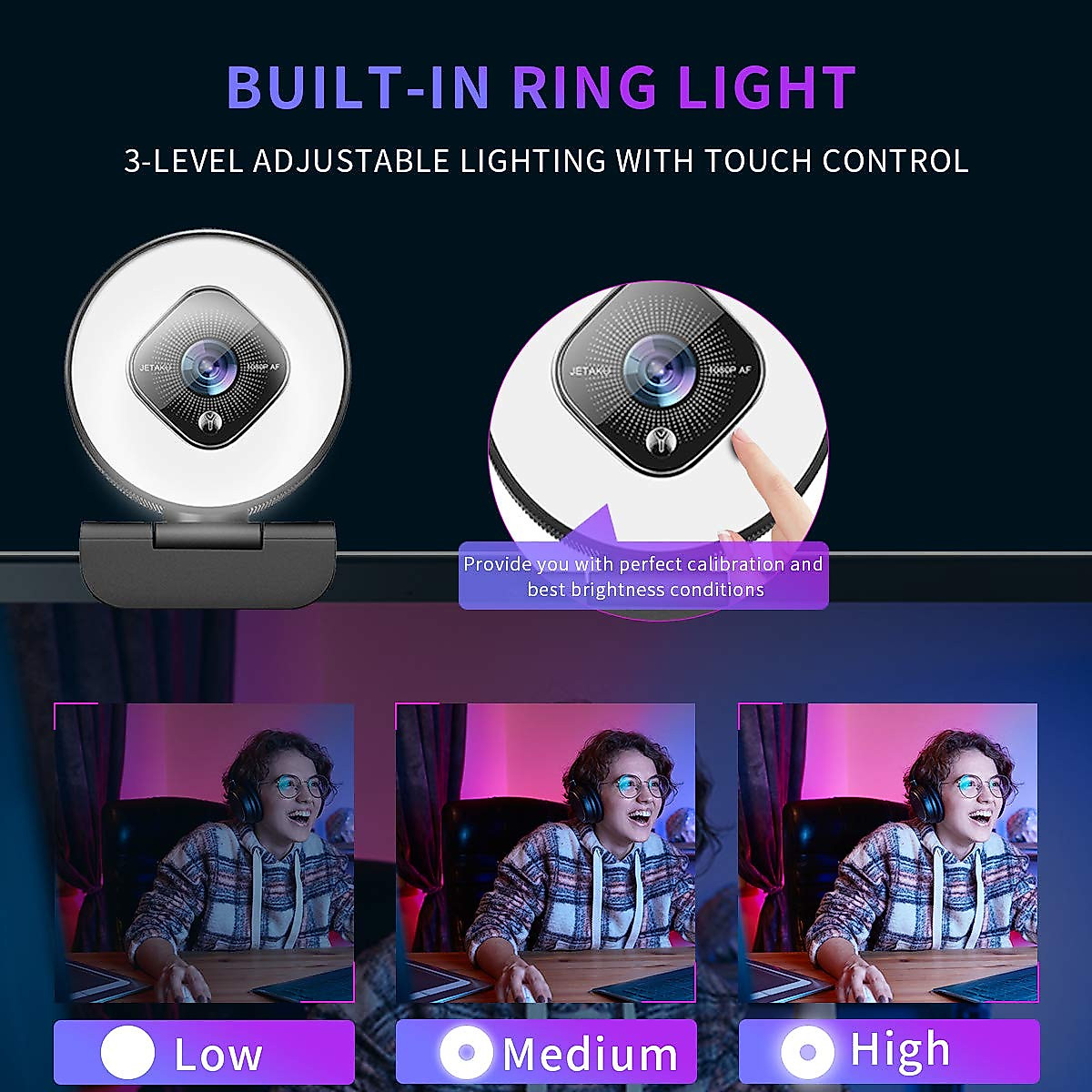 1080P Webcam with Ring Light and Dual Microphone, Advanced Auto-Focus, Adjustable Brightness, 2021 JETAKU Streaming Web Camera for Zoom Skype YouTube, PC Mac Laptop Desktop (Black)